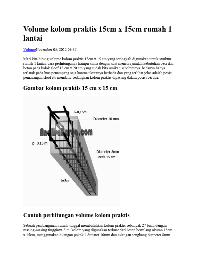 Cara Hitung Volume Kolom Praktis 15cm X 15cm Rumah 1 Lantai | PDF