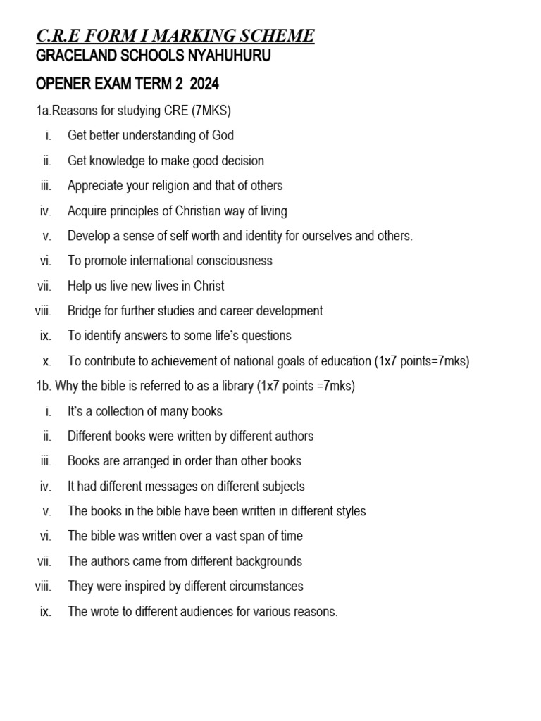 Cre Form 1 Term Two 2024 Main Assignment - 123348 | PDF | Bible | New ...