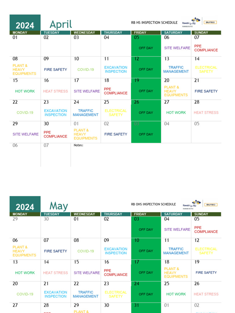 RB Ohs Inspection Schedule 2021 | PDF
