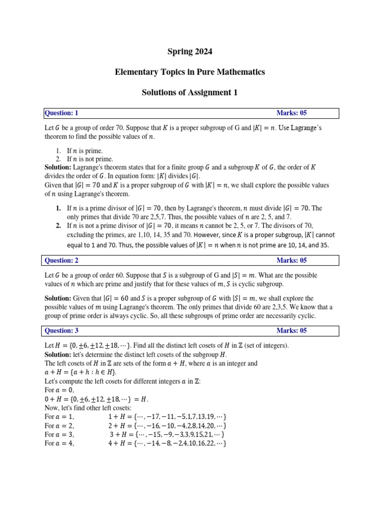 Solution Assignment 1, Spring 2024, MTH405 | PDF | Group (Mathematics) | Mathematical Objects