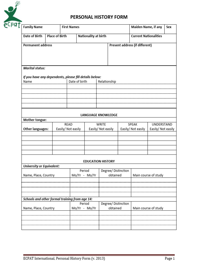 ECPAT International Personal History Form Recruitment 3 | Download Free ...