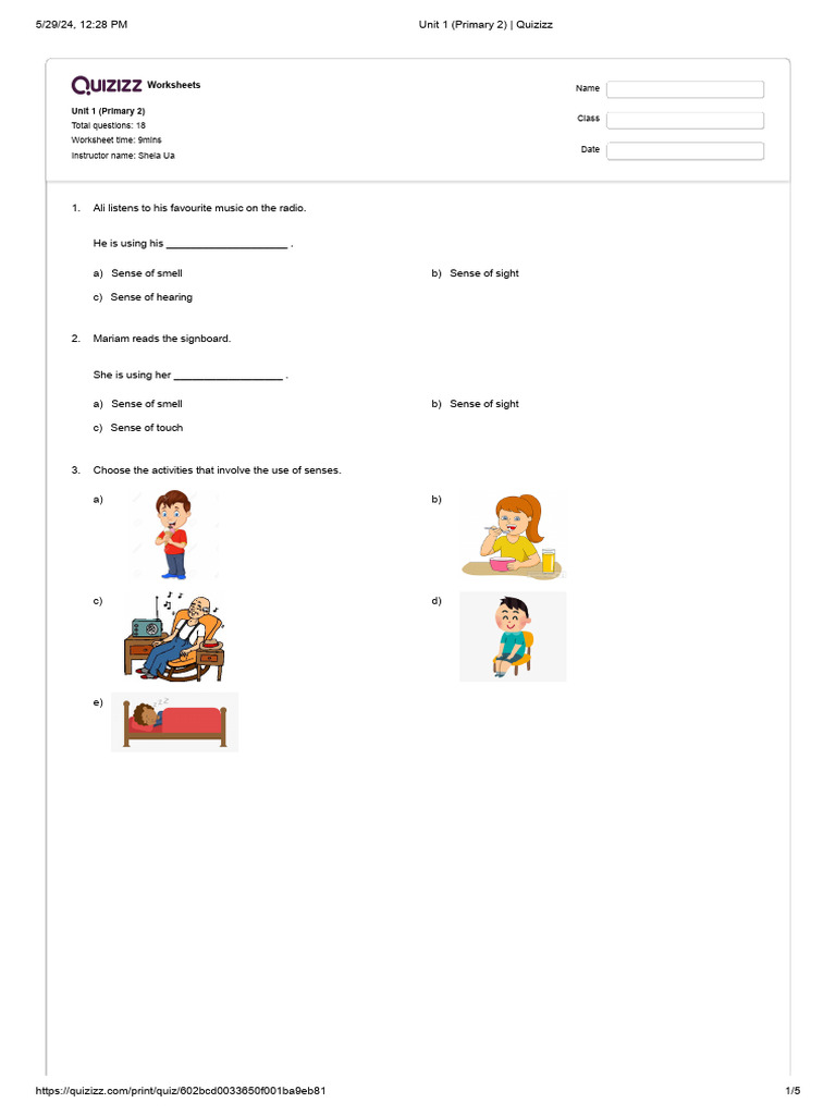 Unit 1 (Primary 2) - Quizizz | PDF | Senses