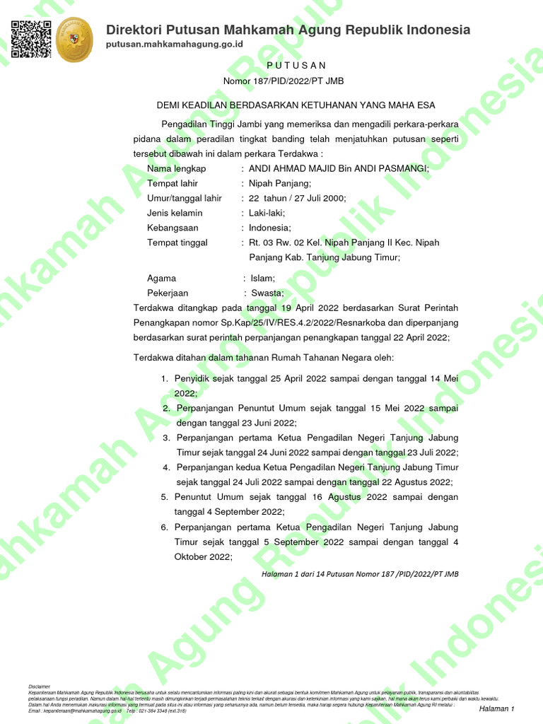 Putusan 187 Pid - Sus 2022 PT JMB 20240528131925 | PDF