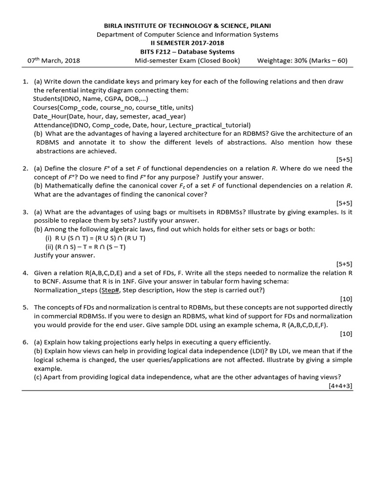 Birla Institute of Technology & Science, Pilani II SEMESTER 2017-2018 BITS F212 - Database ...