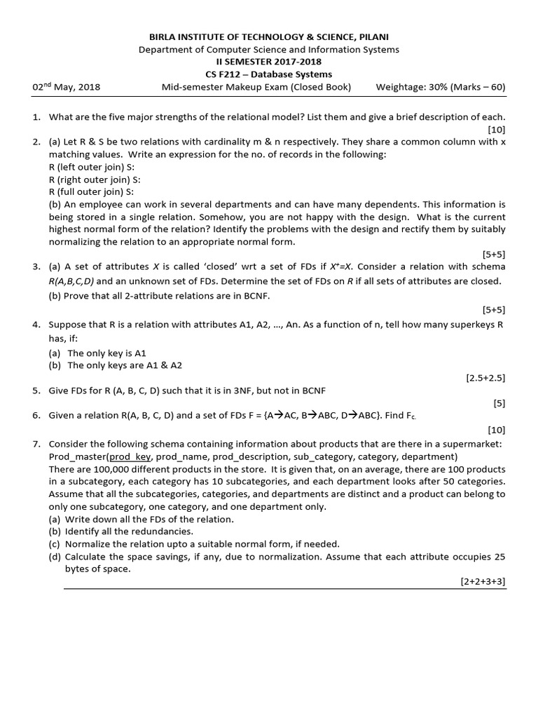 Birla Institute of Technology & Science, Pilani II SEMESTER 2017-2018 CS F212 - Database Systems ...