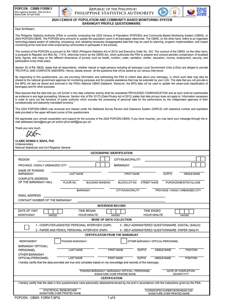 2024 POPCEN CBMS Form 5 Barangay Profile Questionnaire | PDF | Natural ...