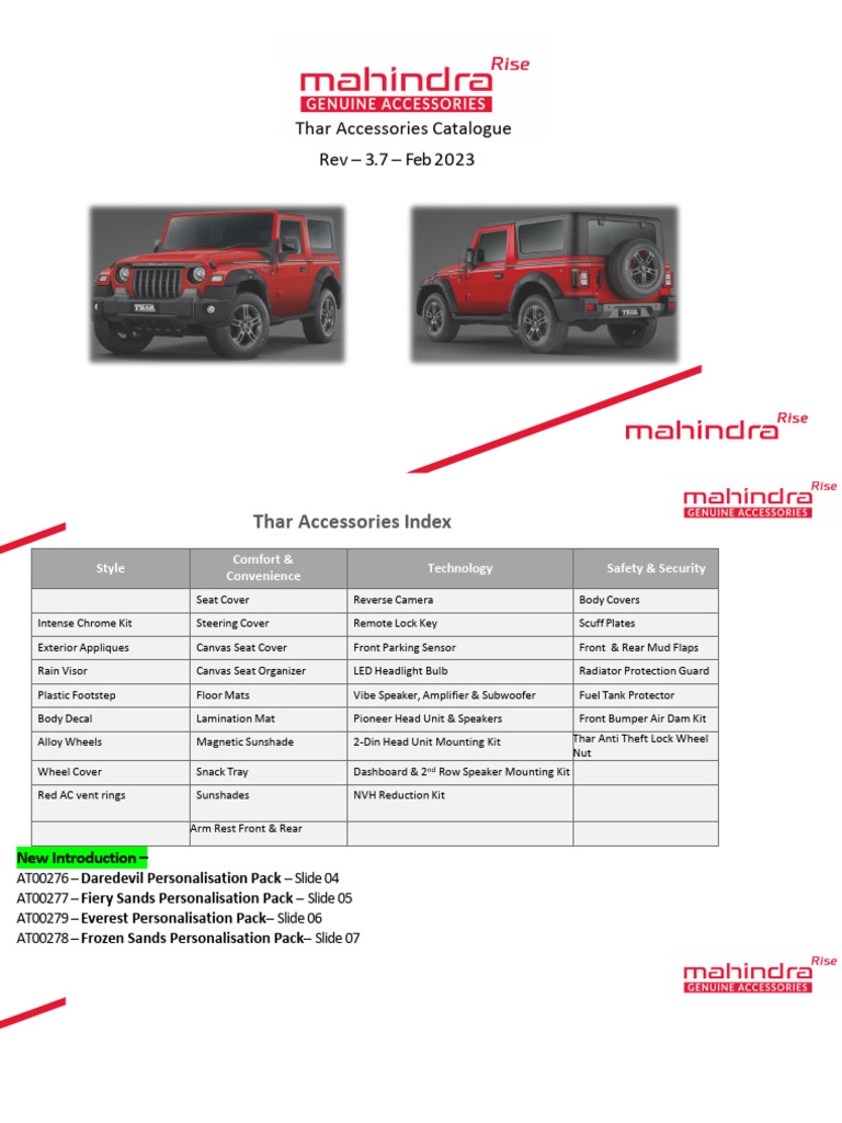 Thar (W501) Accessories Catalogue - Rev 3.6 | PDF | Headlamp | Mirror