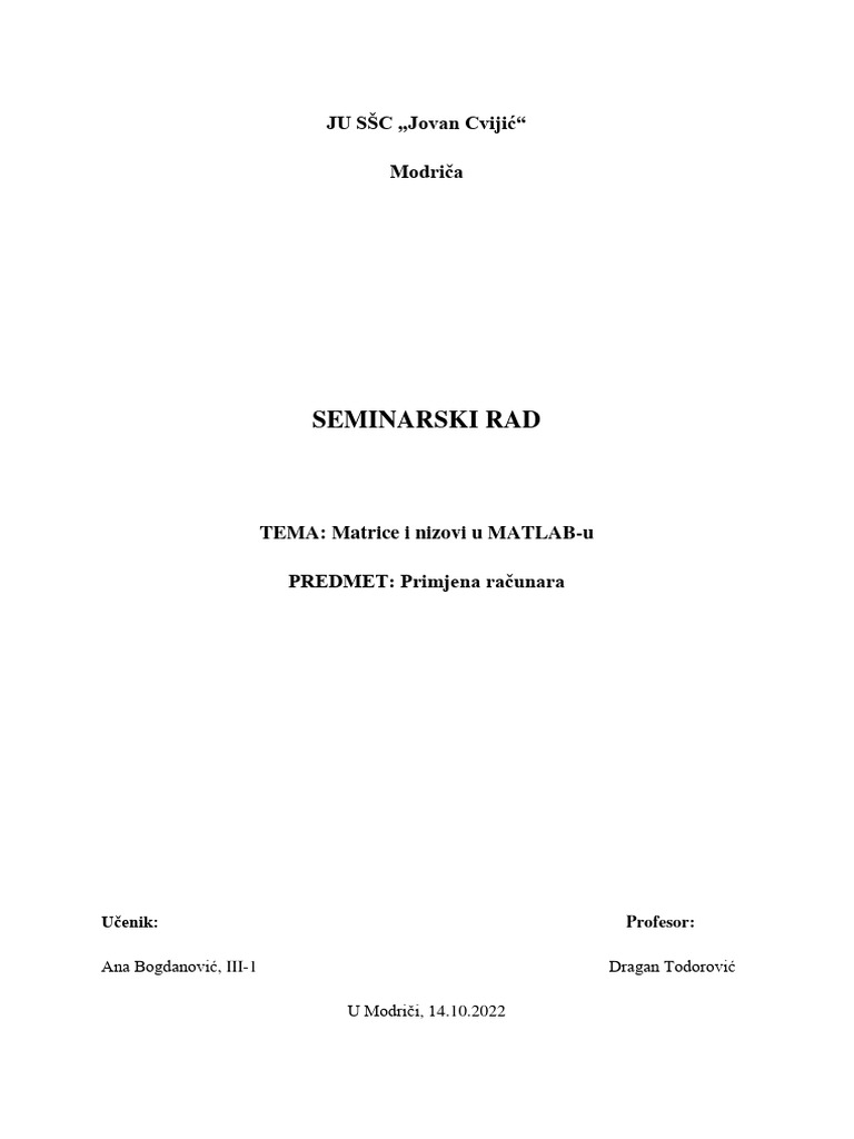 Matrice i nizovi u MATLABu | PDF