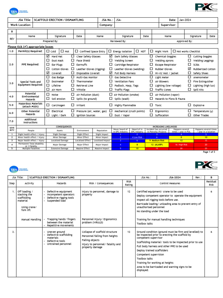 JSA 20. Scaffold Erection - Dismantling | PDF | Occupational Safety And ...