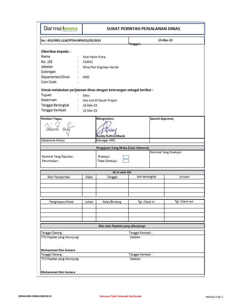 Form SPPD Andi Halim Putra 16 Maret | PDF