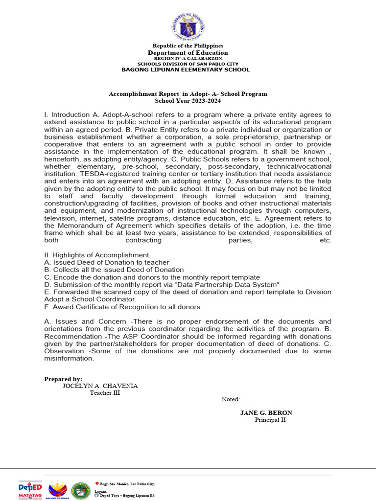 Accomplishment Report Adopt A School Program 23 24 | Download Free PDF ...