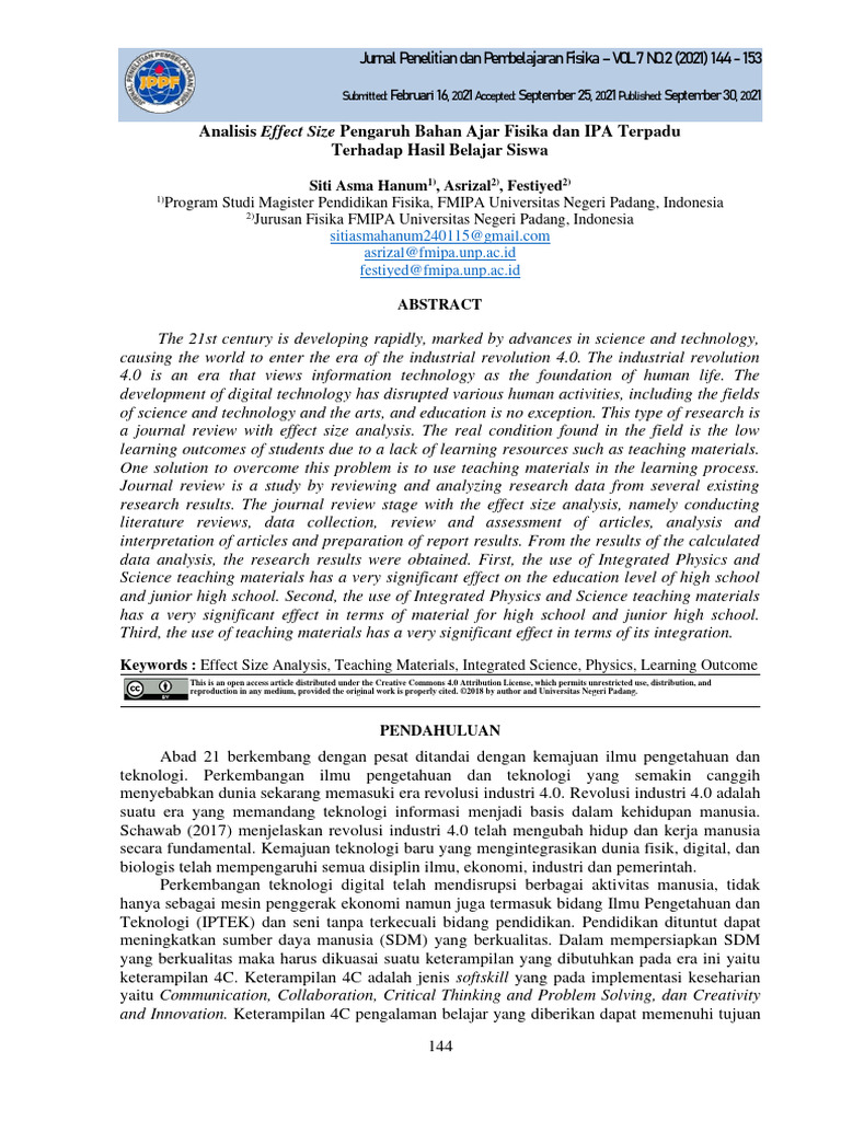 Analisis Effect Size Pengaruh Bahan Ajar Fisika Dan IPA Terpadu Terhadap Hasil Belajar Siswa ...