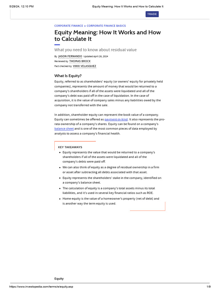 Equity Meaning - How It Works and How To Calculate It | PDF | Equity ...