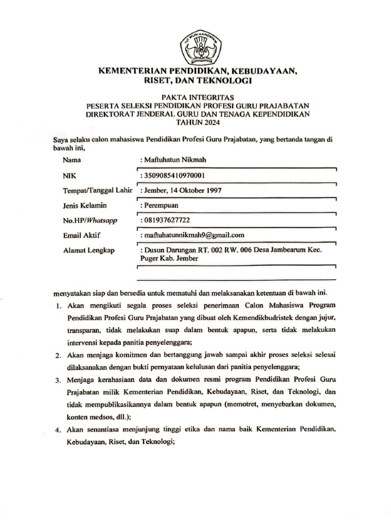 Pakta Integritas PPG 2024 | PDF