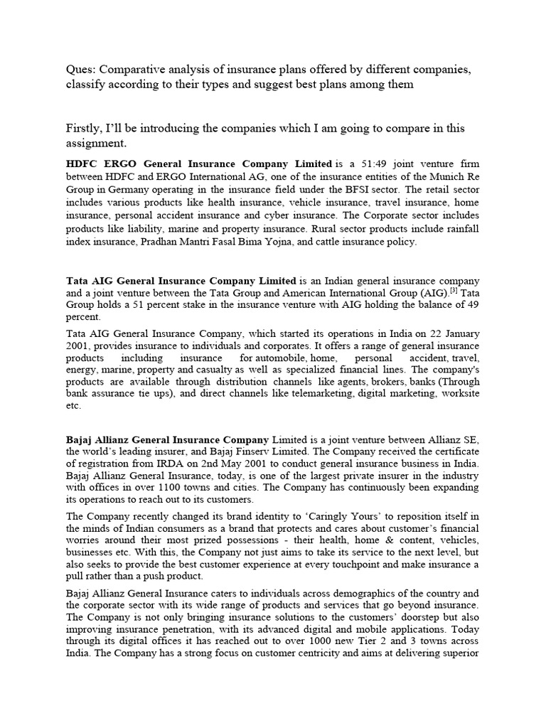 Comparative Analysis of Insurance Plans Offered by Different Companies ...
