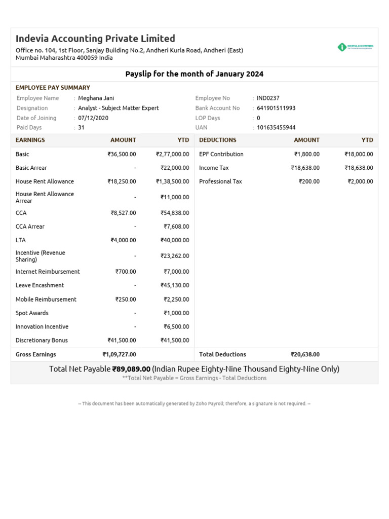 Payslip IND0237 Jan 2024 | Download Free PDF | Payroll Tax | Paycheck