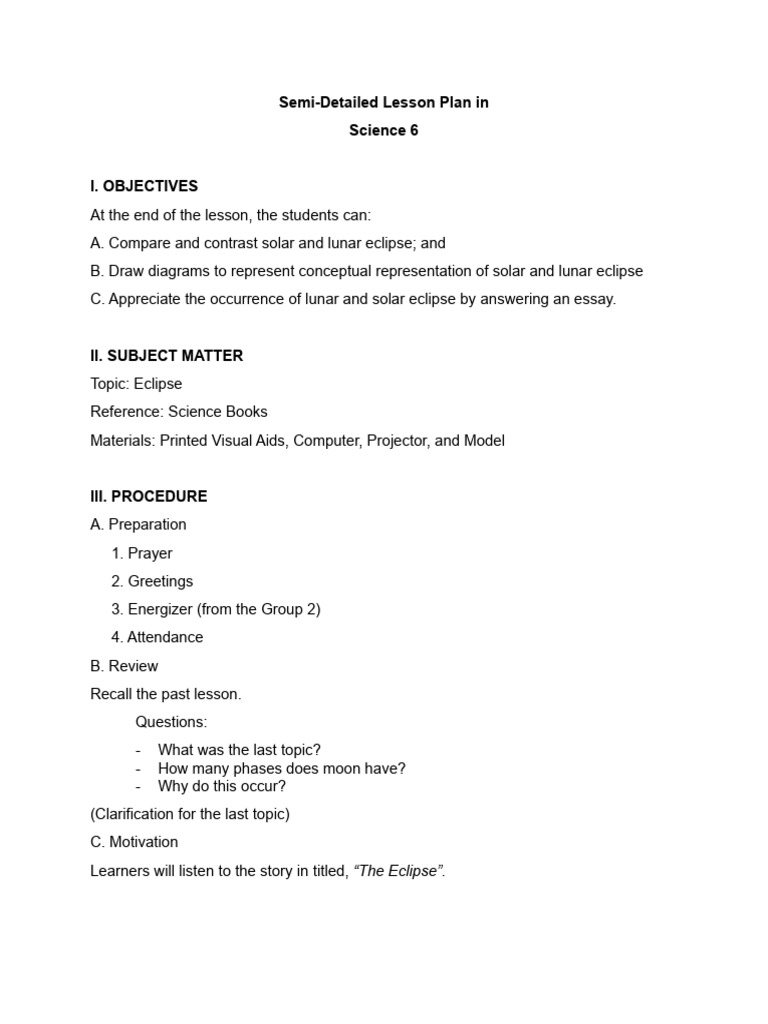 Semidetailed Lesson Plan in Science | PDF | Solar Eclipse | Physical ...