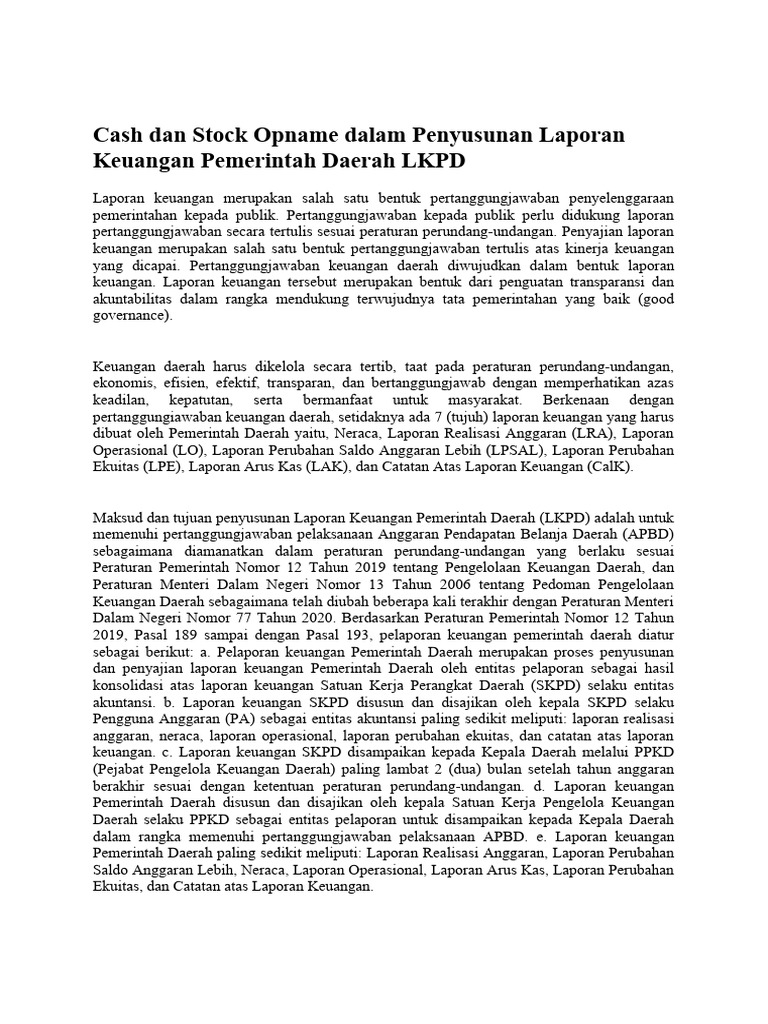 Cash Dan Stock Opname Dalam Penyusunan Laporan Keuangan Pemerintah Daerah LKPD | PDF