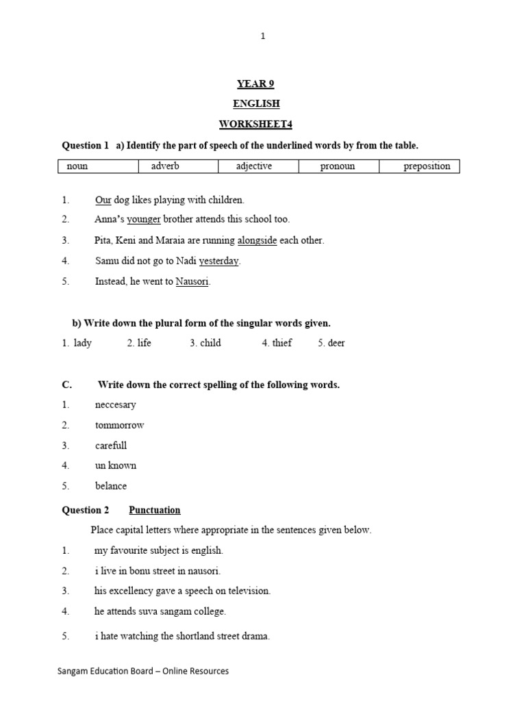 Year 9 English Worksheet: Grammar Skills | PDF