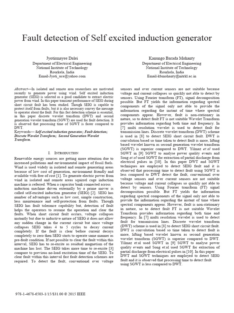 2015 Fault Detection Of Self Excited Induction Generator Pdf Wavelet Electrical Engineering