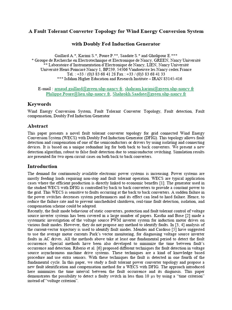 2007 A Fault Tolerant Converter Topology For Wind Energy Conversion System With Doubly Fed