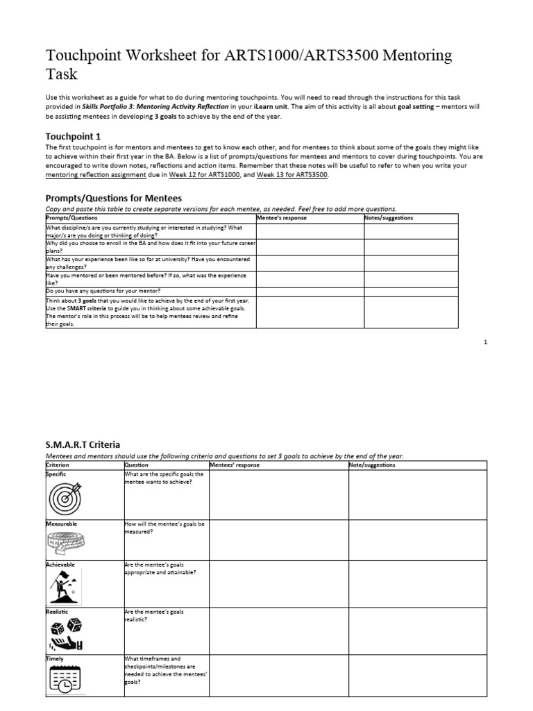 Touchpoint Worksheet for Mentoring Task | PDF | Mentorship | Goal