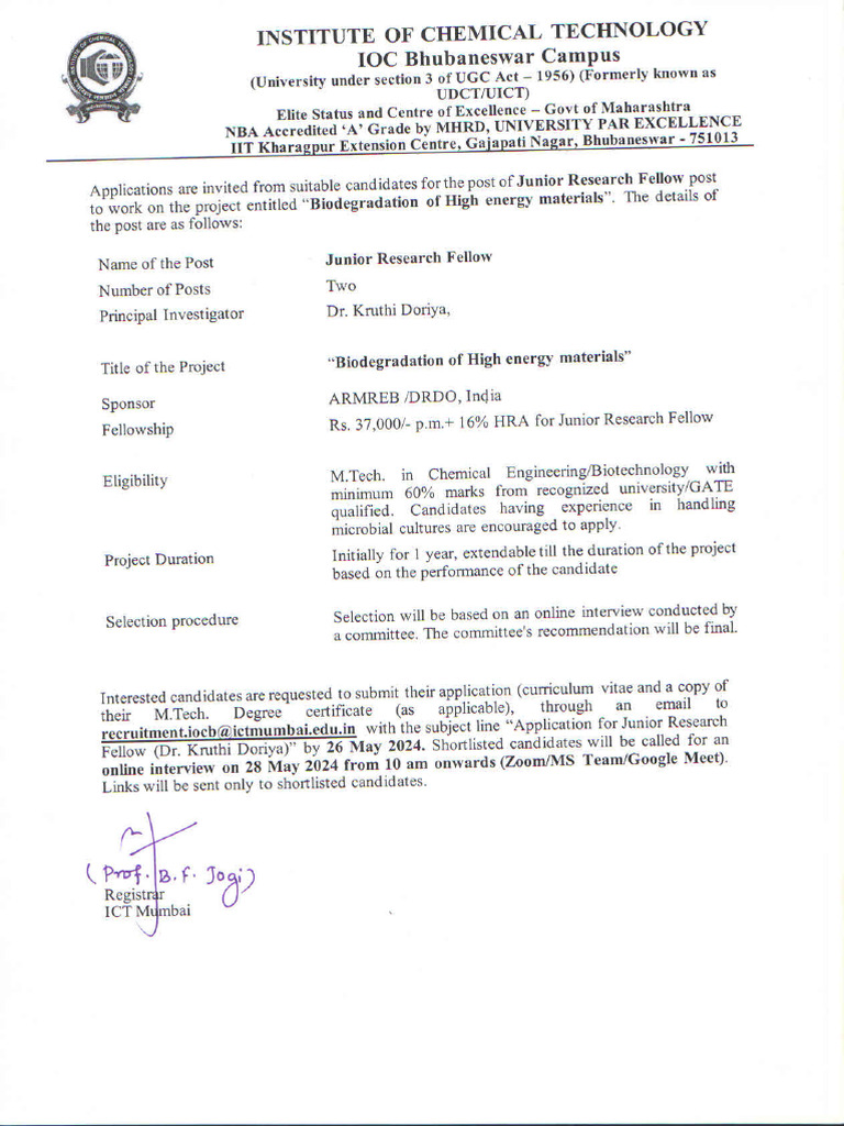 Advertisement - JRF - IOCB - Dr. Kruthi Doriya | PDF