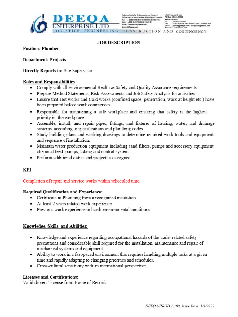 Plumber Job Description and Requirements | PDF | Plumbing ...