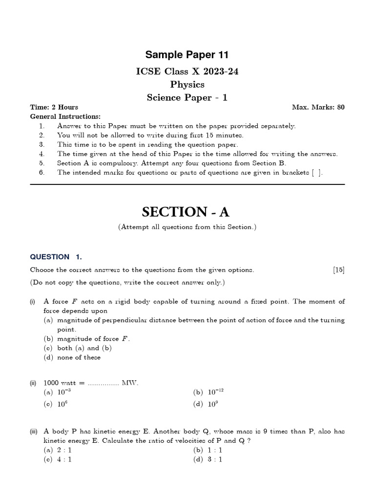 ICSE Class X Physics Sample Paper 11 | PDF | Atomic Nucleus | Electric ...