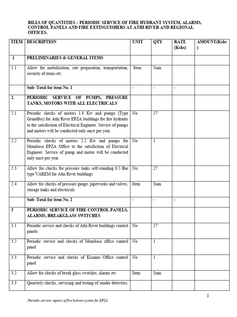 BOQ's FOR SERVICING OF FIREFIGHTING EQUIPMEMTS Edited | PDF | Pump | Fires
