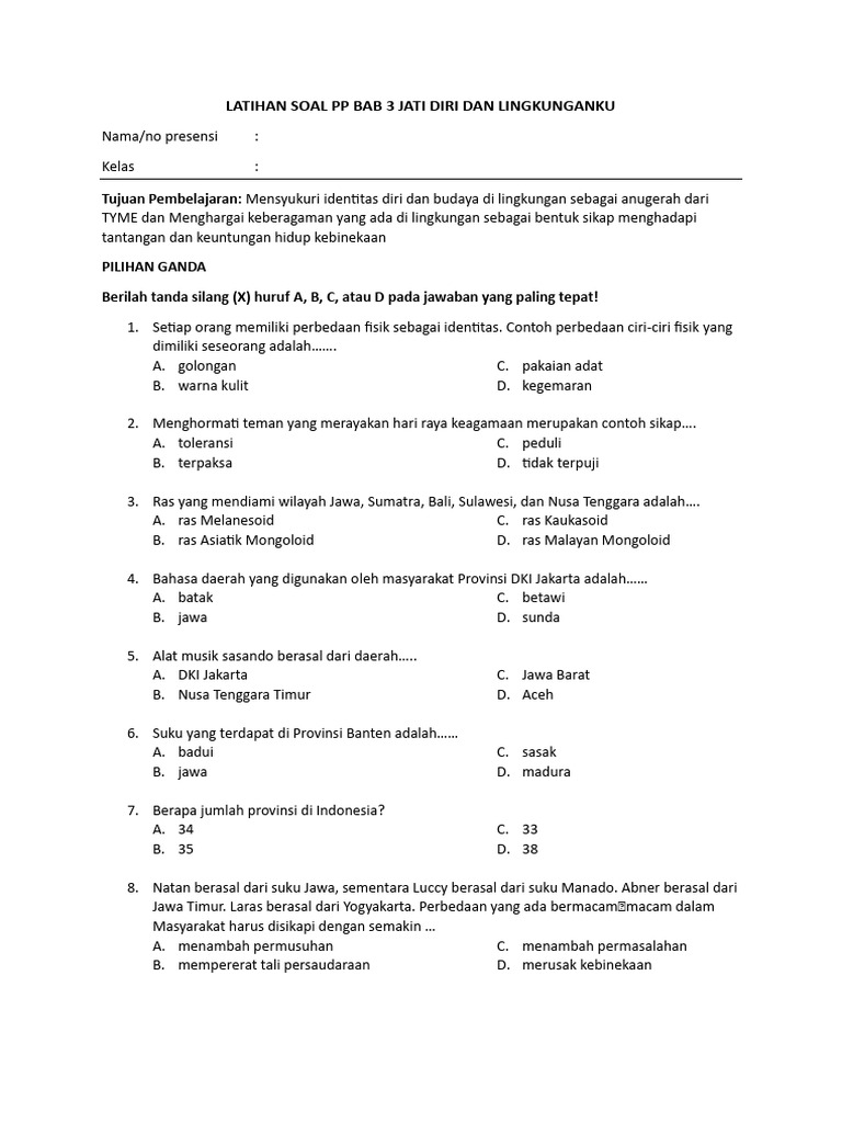 Latihan Soal PP Bab 3 Jati Diri Dan Lingkunganku | PDF | Perjalanan