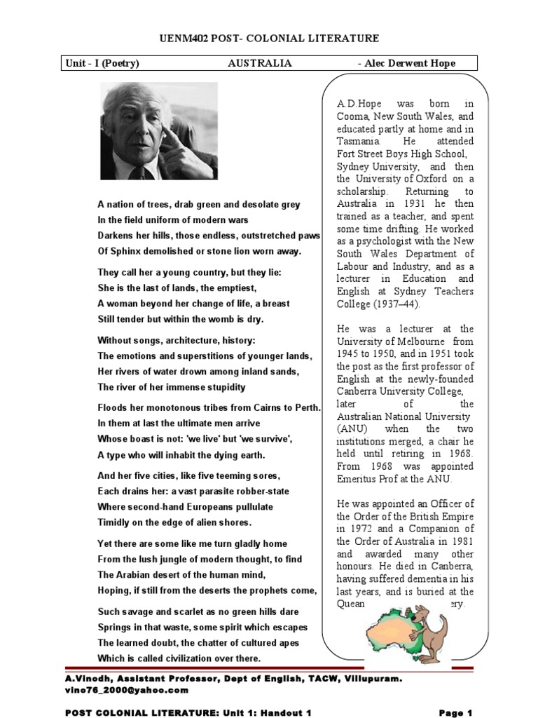 Uenm402 Post-Colonial Literature Unit - I (Poetry) Australia - Alec ...