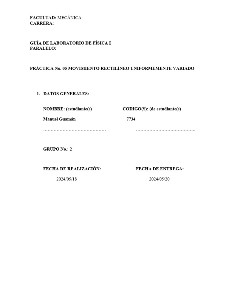 Guía de Laboratorio: MRUV en Física | PDF | Fuerza | Aceleración