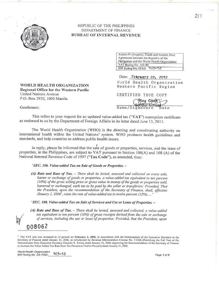 WHO Tax Exemption Cert | PDF