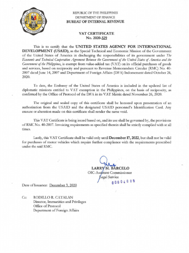 Usaid Vat Exempt Cert 2022 | PDF