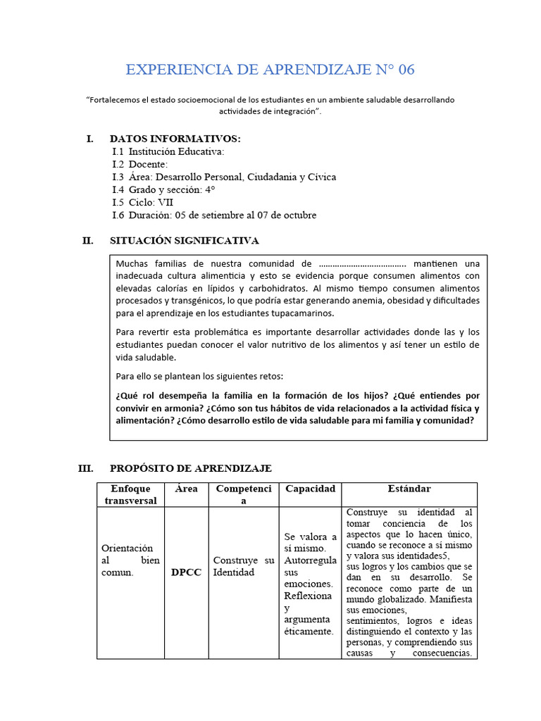 Experiencia de Aprendizaje #06 | PDF | Evaluación | Las emociones