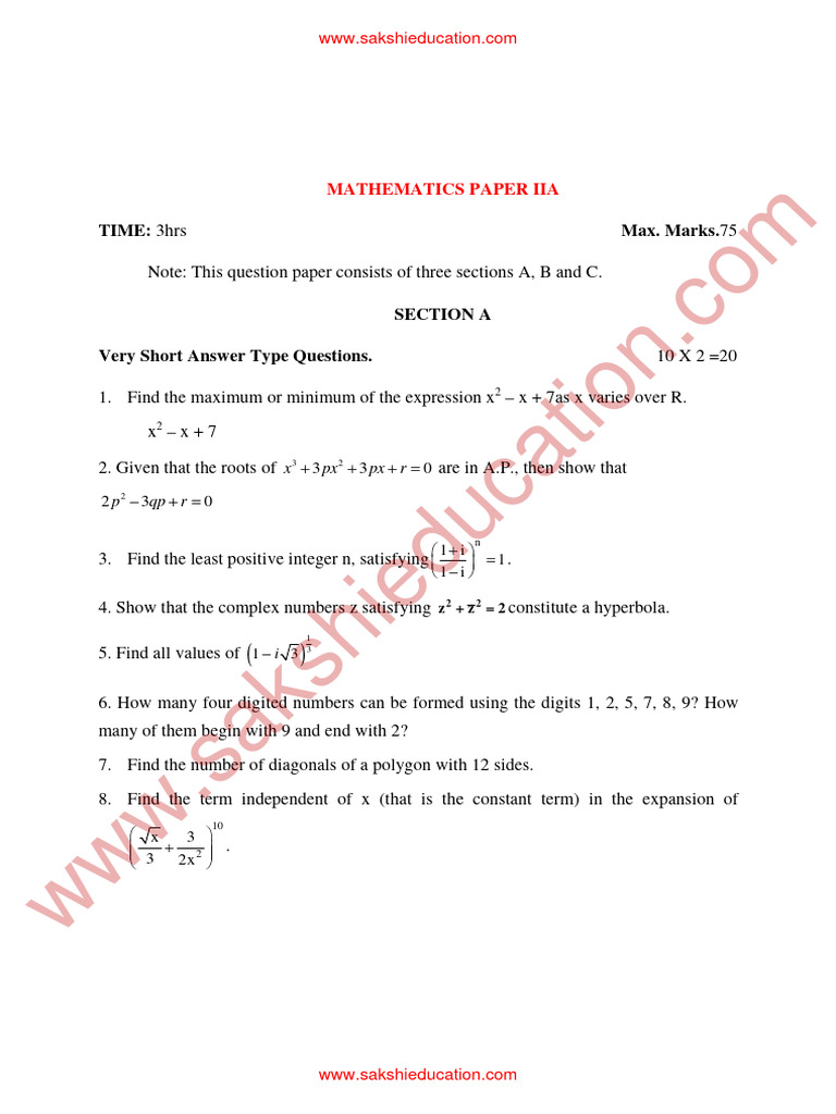 Inter Material Modelpapers Iindyear em Maths - Iia - Paper - 2 | PDF ...