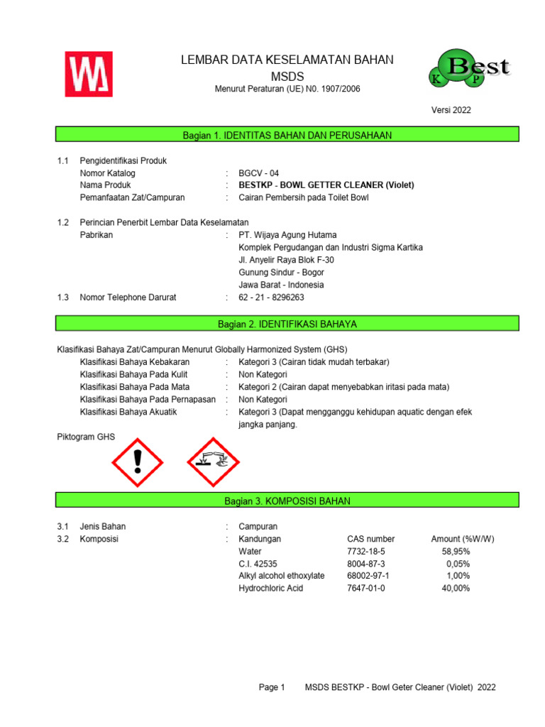 MSDS - BESTKP Bowl Getter Cleaner (Violet) 2022 | PDF