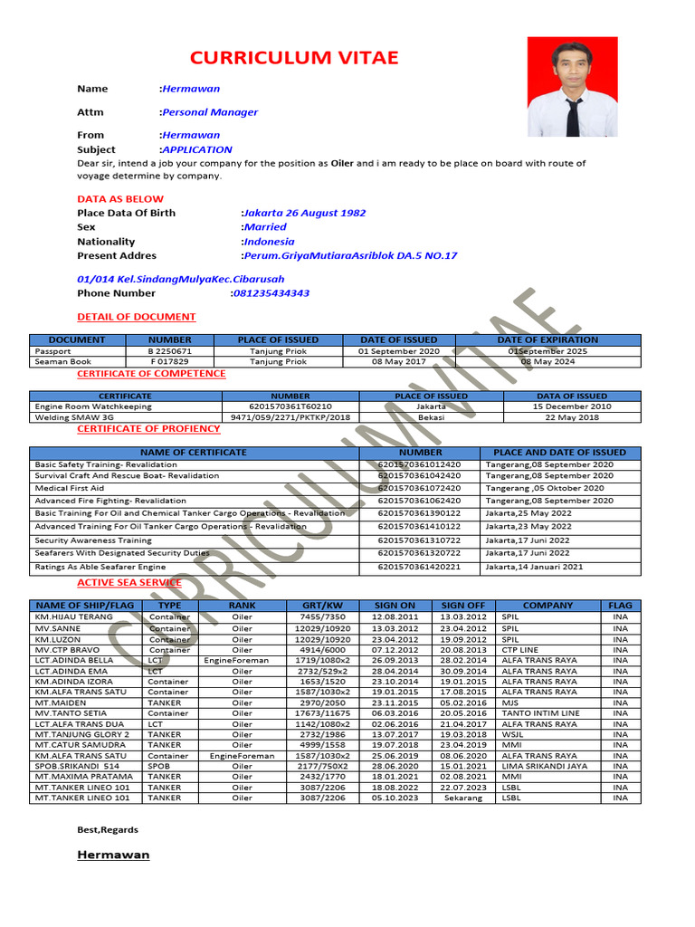 CV Bapak Hermawan | Download Free PDF | Sailor | Merchant Navy
