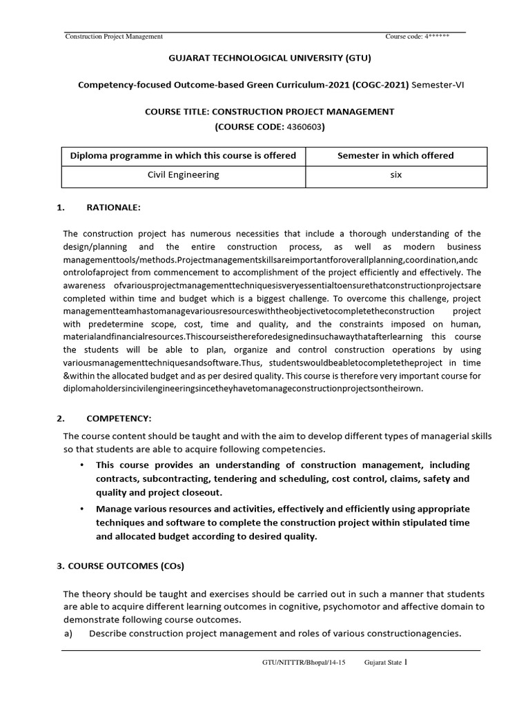 Construction Project Management Course Code: 4 | PDF | Labour Economics ...