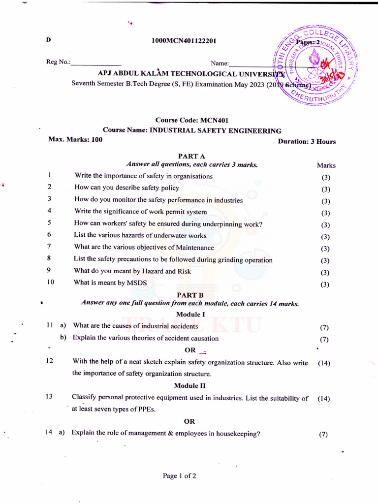 Industrial Safety Engineering Exam Guide | PDF | Safety | Hazards