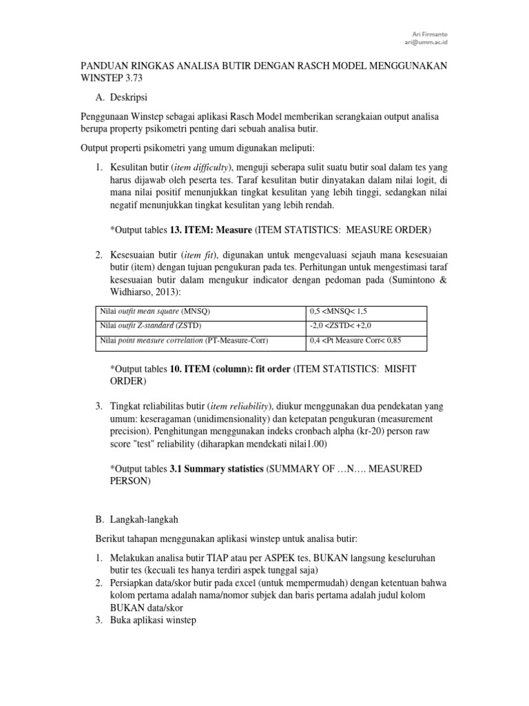 Panduan Analisis Butir Rasch dengan Winsteps | PDF