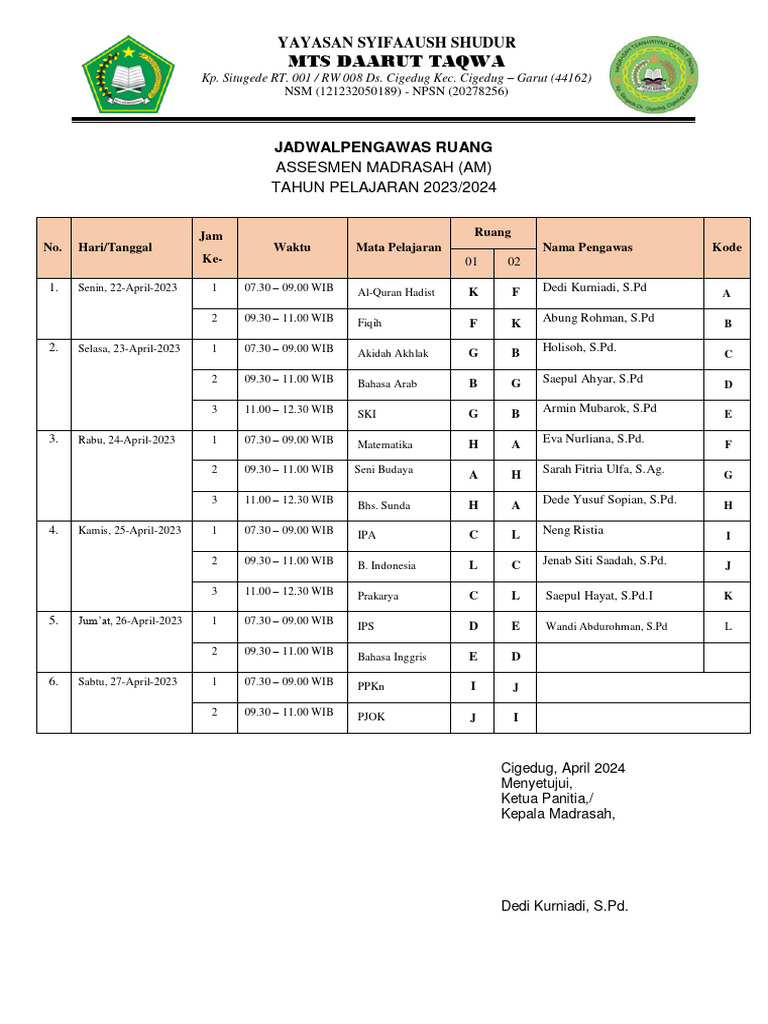 Jadwal Pengawas Ruang Am | PDF