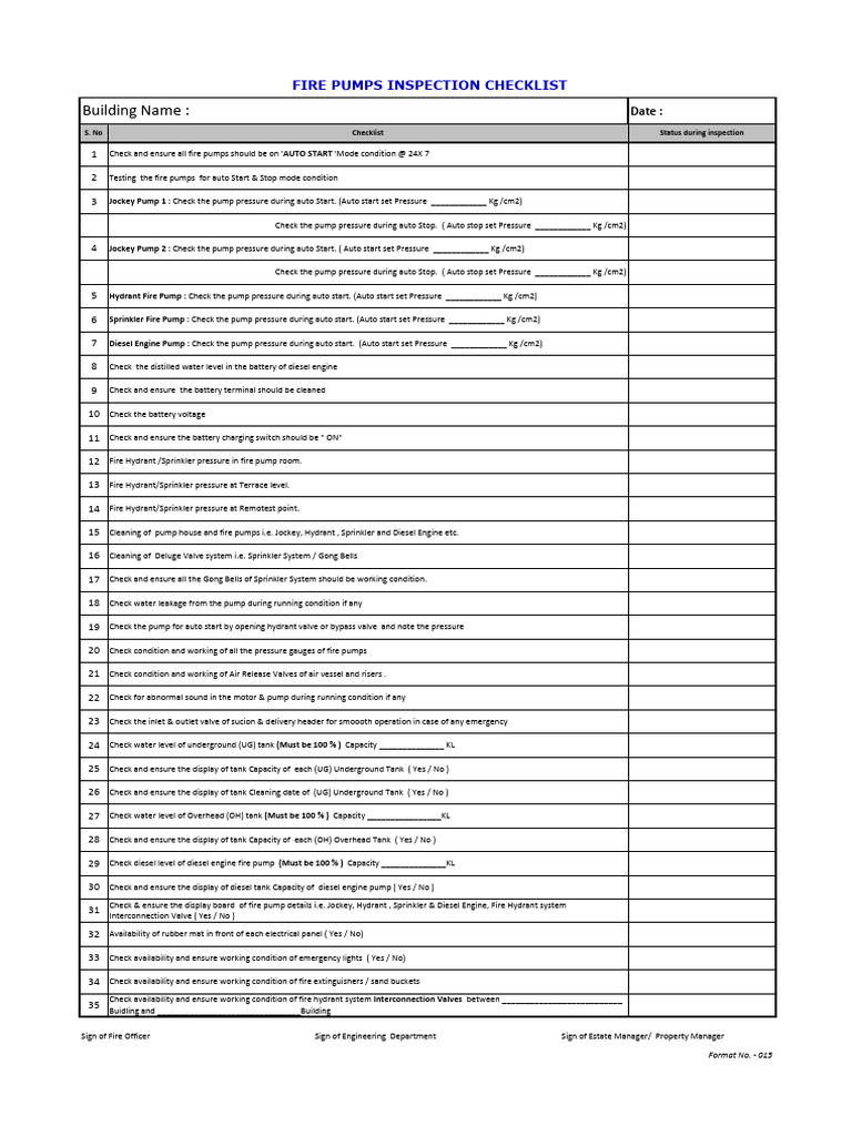 Fire Pump Checklist | PDF | Fire Sprinkler System | Pump