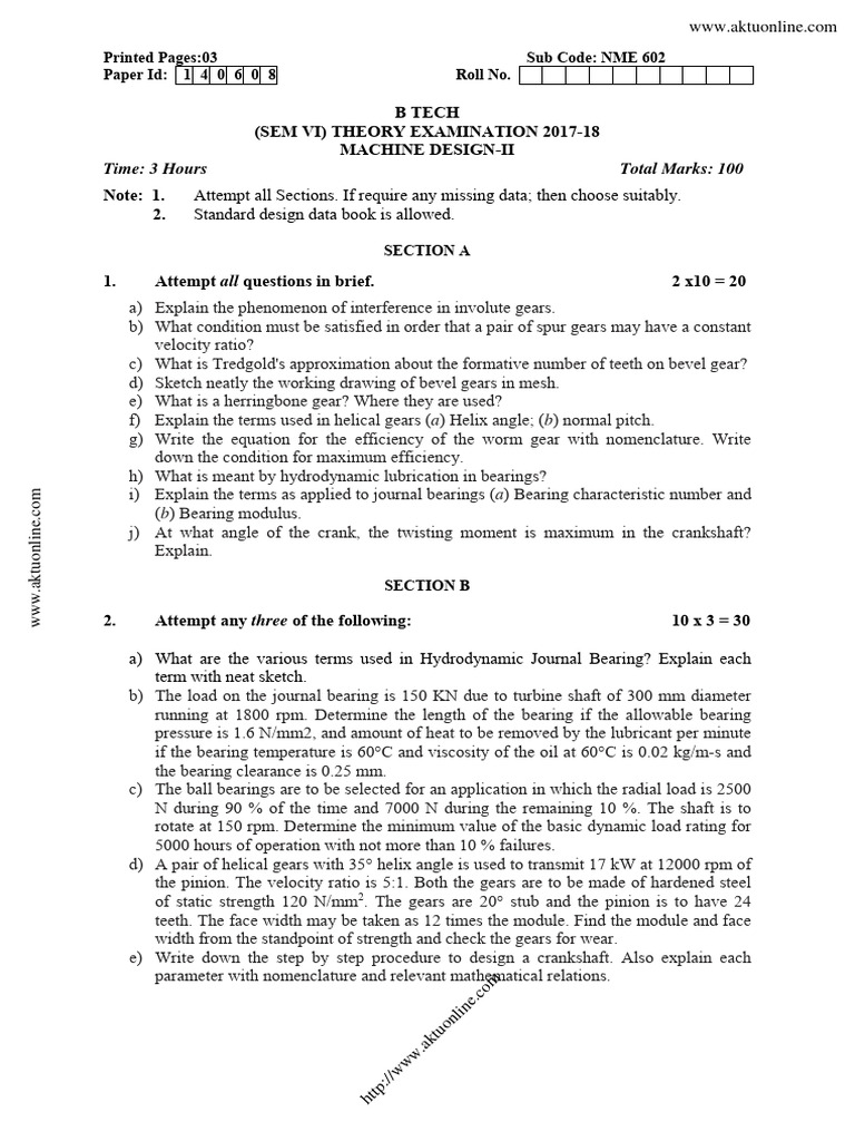 Btech Me 6 Sem Machine Design 2 Nme602 2018 | PDF | Gear | Internal Combustion Engine