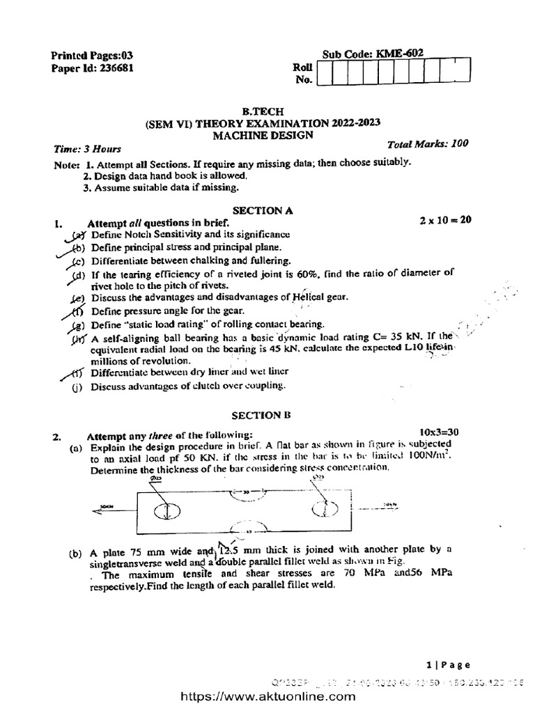 Btech Me 6 Sem Machine Design Kme 602 2023 | PDF