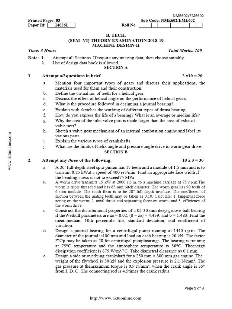 Machine Design II Exam Paper 2018-19 | PDF | Gear | Bearing (Mechanical)