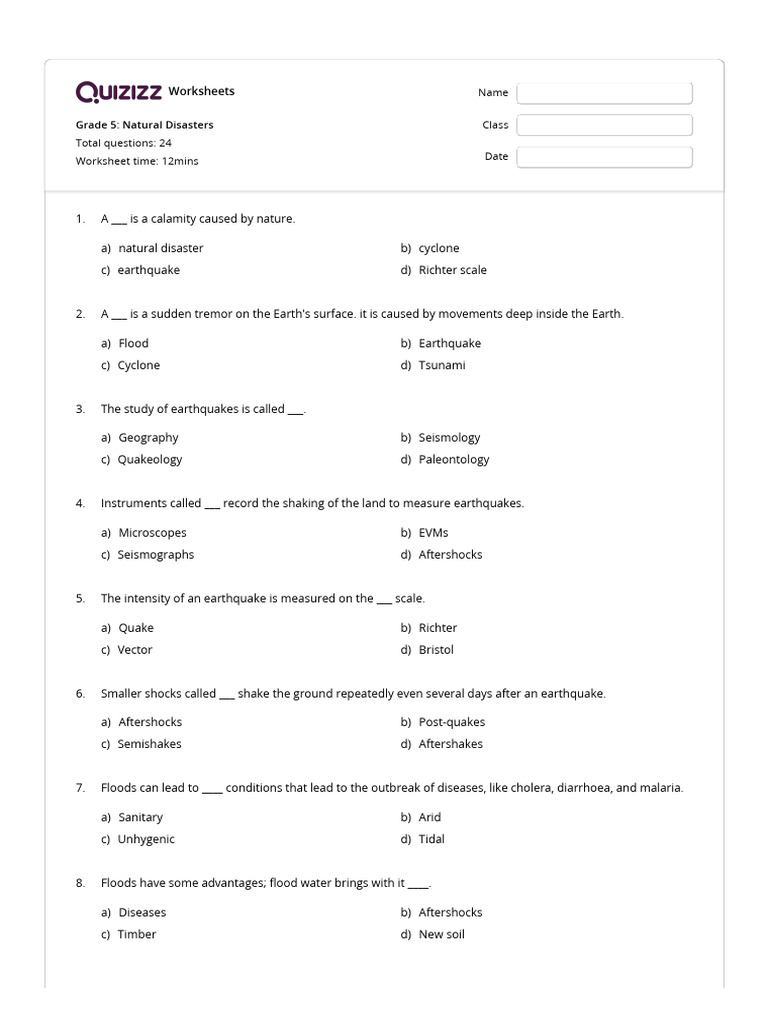Grade 5 Natural Disasters Quiz | PDF | Earthquakes | Tsunami