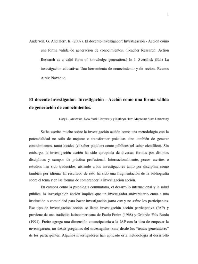 El Docente Investigador Anderson y Herr 2007 | PDF | Conocimiento ...
