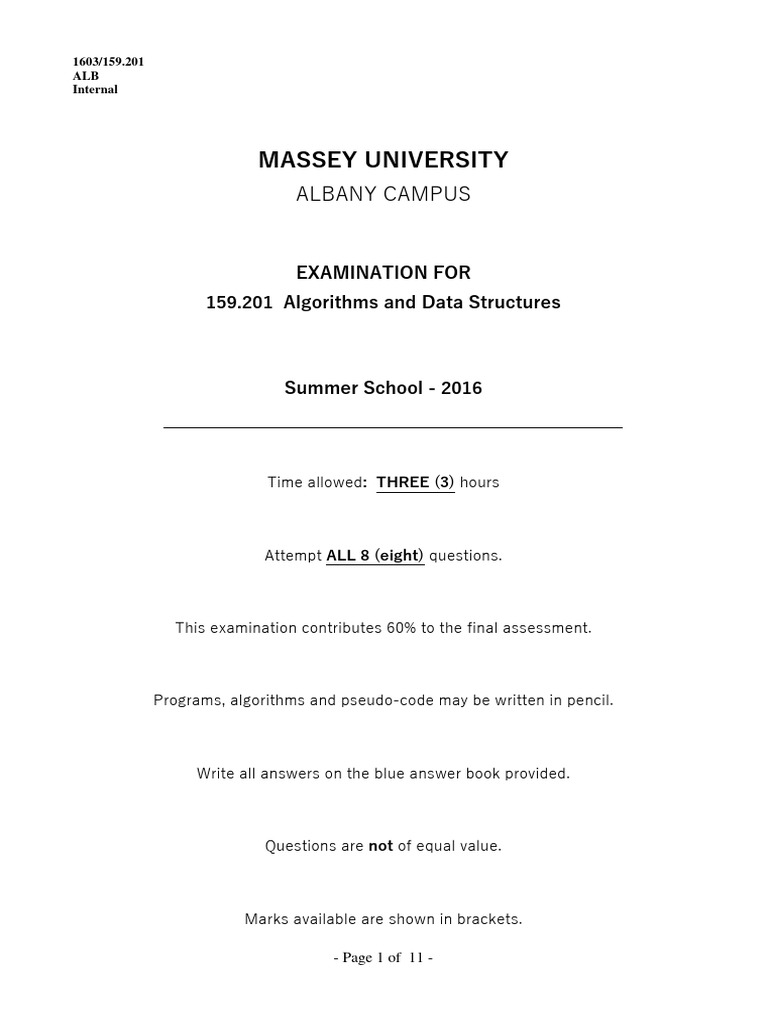 159.201 Algorithms and Data Structures - Massey - Exam - I10 - 1603 ... 159.201 Algorithms and Data Structures - Massey - Exam - I10 - 1603 ...